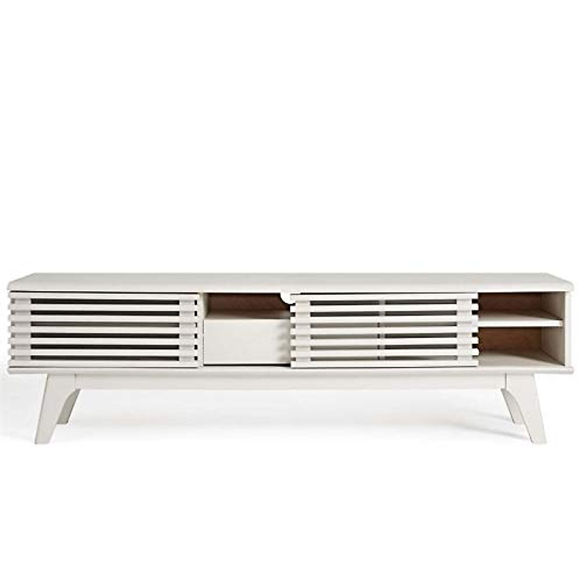 Levan Home Mid Century Modern Low Profile 59" Retro TV Stand with Slatted Shelves in White