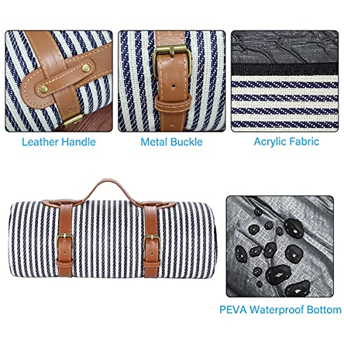 LIYUABU Picnic Blankets,Waterproof Stripe Picnic Mat 59'' x 79'',Portable Extra Large Beach Blanket,Outdoor Blanket Sandproof Insulated with Carry Handle,Perfect for Hiking/Outdoor/Camping/Beach/Park