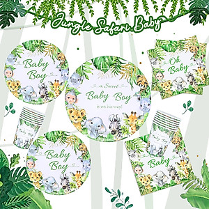 Jungle Safari Baby Shower Decorations Tableware Set Serves 24, Green Animals Paper Plates, Napkins, Paper Cups for Baby Boy Wild One Birthday Baby Shower Party Supplies