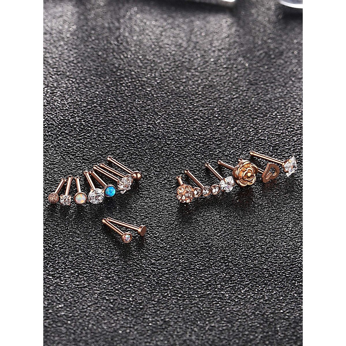 JOVITEC 16 Pieces Nose Stud for Women 20 g Nose Ring Set Bone Nose Studs l Shaped Surgical Stainless Steel Cartilage Tragus Piercing Rose Gold Ball Sapphire Labret Jewelry