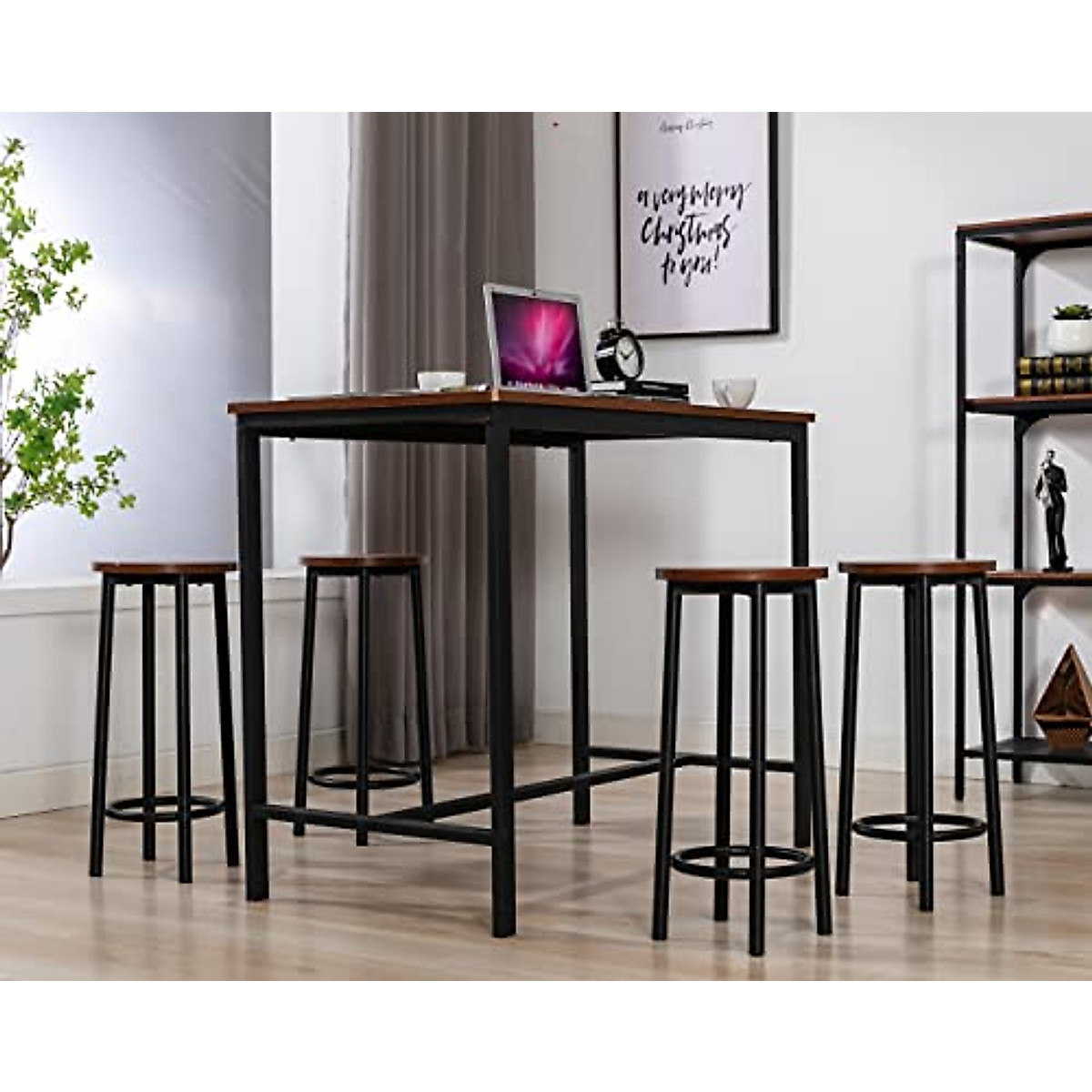 5 Piece Bar Table Set, 43.3” Industrial Dining Table Set, Counter Height Table with Bar Stools Set of 5, Kitchen Breakfast Table and Chairs for Dining Room, Living Room, Apartment