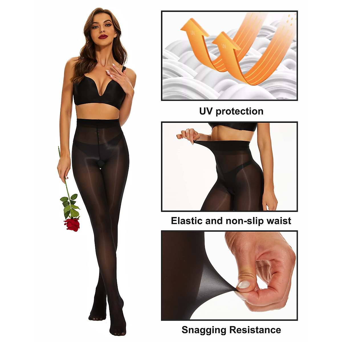 Lidogirl Women's Tights 8D Control Top Silk Stockings High Waist Pantyhose Dark Skin