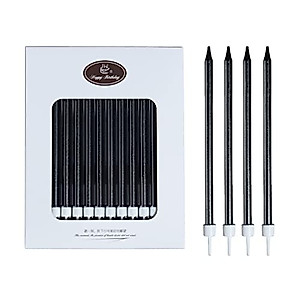 24 PCS Black Birthday Candles, Tall Glitter Cuppcake Candles Long Thin Cake Candles in Holders for Birthday Wedding Party Decorations