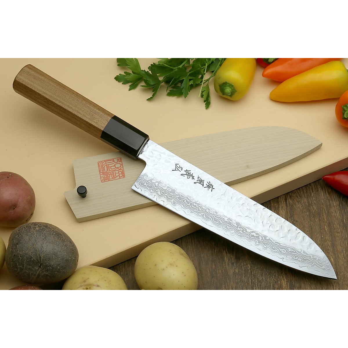 Yoshihiro VG10 46 Layers Hammered Damascus Santoku Japanese Multipurpose Chef Knife (Ambrosia Handle)