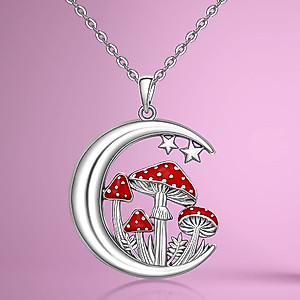 Fenthring Sterling Silver Mushroom Necklace Magical Red Mushroom Pendant Moon and Star Moon Necklaces for Women Mushrooms Gifts