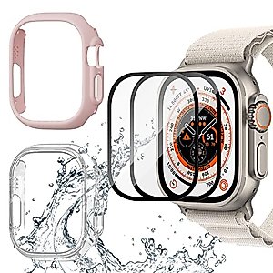 [2+2 Pack] BHARVEST for Apple Watch Ultra 49mm Screen Protector and Case, 2 Packs Hard PC Frame Cover with 2 Sets Tempered Glass Screen Protector for Apple Watch Ultra 49mm, Pink+Clear