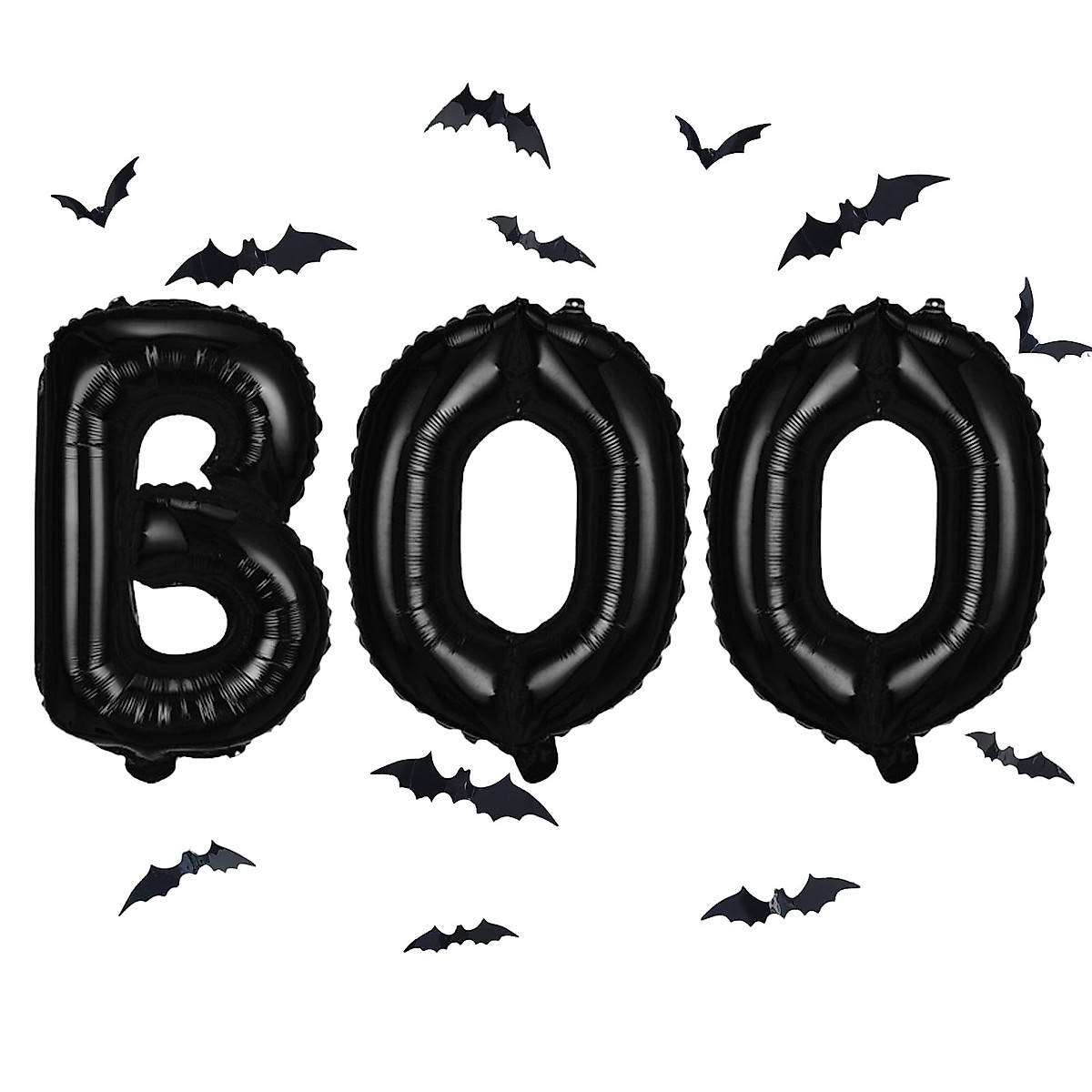 BOO Foil Balloons Set with 3D PVC Bats, Black 16 Inch Halloween BOO Banner Balloon Kit with 12pcs Fake Bats, Boo Mylar Letter Balloons Bunting for Horror Halloween Night Party Decorations Supplies