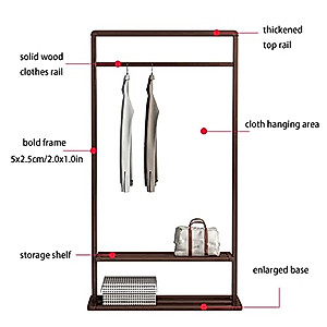 Garment Rack Wooden Clothes Rack Stand with 2-Tire Storage Shelves for Clothes Hats and Bags Classical Coat Hanger Clothes Organizer for Bedroom Office Hallway Entryway