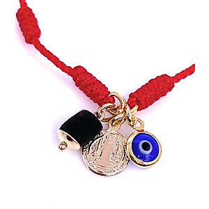 LESLIE BOULES Red Thread Saint Benedict Bracelet Blue Evil Eye & Genuine Azabache Stone Pendants Handmade Jewelry