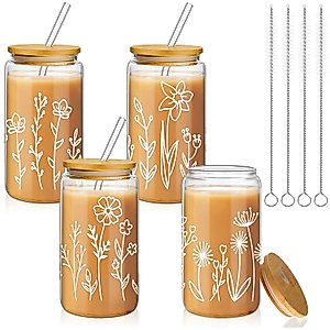 Mumufy 4 Pack Gift for Women Cute Glass Cups,aesthetic Iced Coffee Cup 16 oz Glass with Bamboo Lid and Straw Flower Coffee Mugs Birthday Gift for Friend Sister Her Bridesmaid Stuff Christmas(Clear)