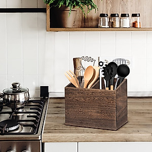 Wooden Kitchen Utensil Caddy With 2 Compartments, Rustic Kitchen Utensil Holder for Kitchen Countertop, Wood Utensil Crock Organizer Box for Farmhouse Kitchen Decor
