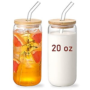 20 OZ Glass Cups with Bamboo Lids and Glass Straw - Beer Can Shaped Drinking Glasses Set, Iced Coffee Glasses, Cute Tumbler Cup for Smoothie, Boba Tea, Whiskey, Water, Gift - 2 Pack