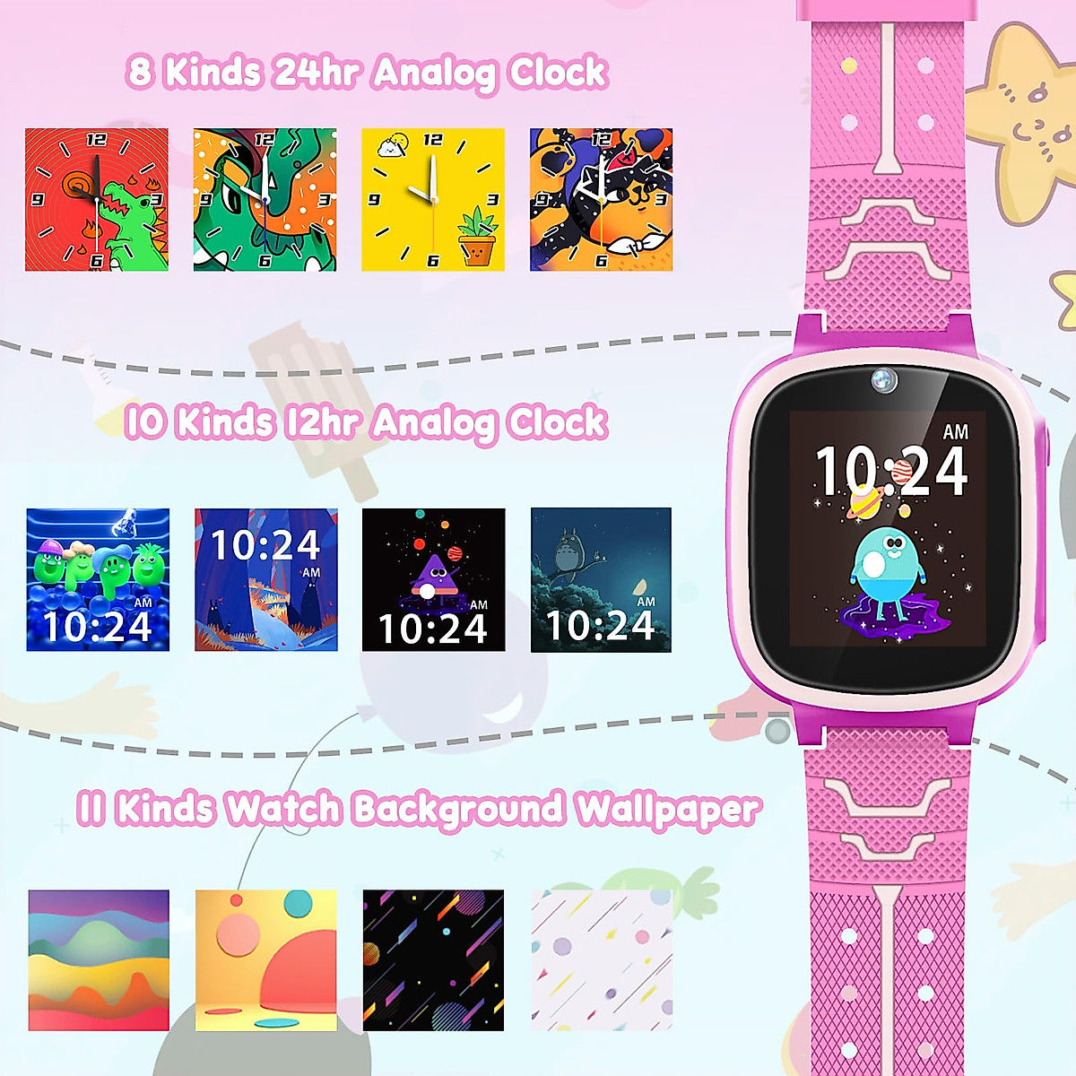 Luoba Kids Smart Watch Girls, Toys for 3-10 Year Old Girls Boys, 1.44 in Touchscreen with 20 Puzzle Games Camera Alarm Video Music Player, Toddler Birthday Gift Pink
