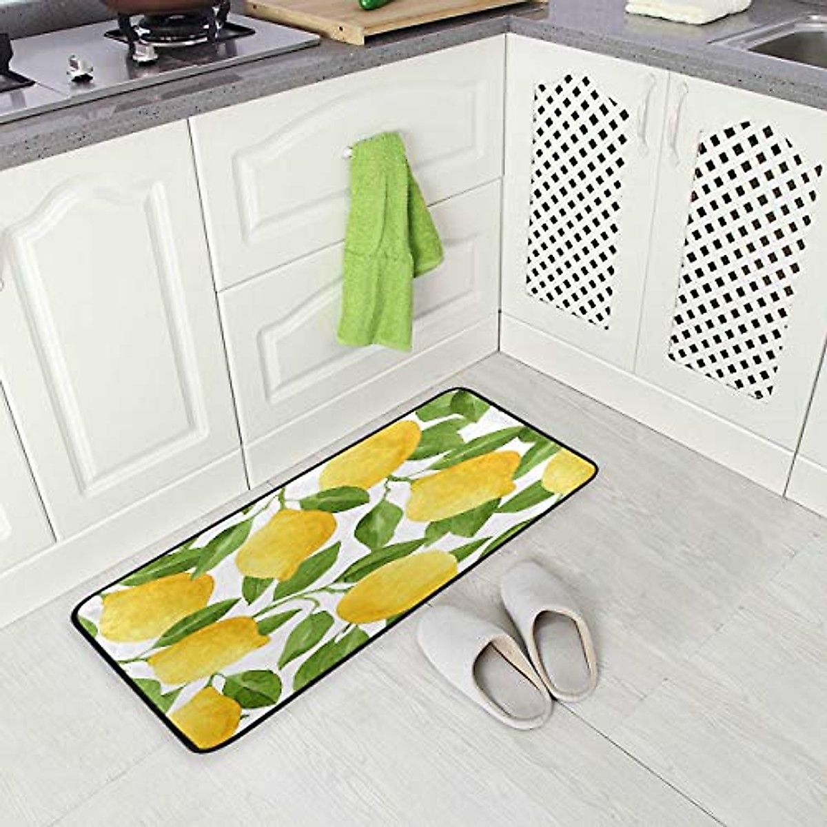 ALAZA Yellow Lemon Leaf Non Slip Kitchen Floor Mat Kitchen Rug for Entryway Hallway Bathroom Living Room Bedroom 39 x 20 inches(1.7' x 3.3')