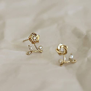 Cute Rose Flower Stud Earrings for Women Teen Girls 925 Sterling Silver Cubic Zirconia Cartilage Tiny Small Studs Earring Dainty Jewerly Birthday Gifts Hypoallergenic (Gold)