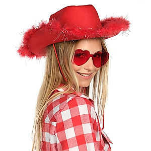 Funcredible Red Cowboy Hat and Glasses - Fluffy Cowgirl Hat with Star for Girls - Cowboy Hat with Feathers - Cowgirl Accessories - Halloween Accessories for Women