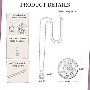 Jewelili 10K White Gold Solitaire Pendant Necklace Set with Round Cut Cubic Zirconia, 18" Rope Chain