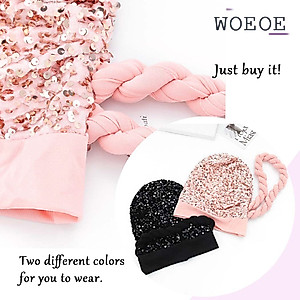 Woeoe Women's Turban Head Wraps Sequins Beanie Cap Headwrap Pre Tied Braid Head Cover Cap Headwear for Black Women(Pack of 2) (Black, Pink)