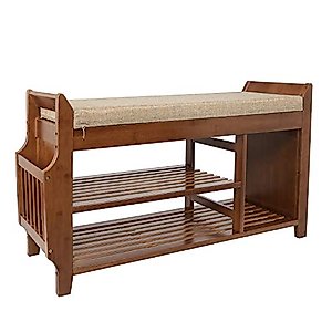 YUSING Bamboo Shoe Rack Bench with Removable Cushion, 2 Tier Entryway Shoe Storage Organizer Shelf with Hidden Drawer and Umbrella Stand for Bedroom, Living Room and Bathroom (Large)