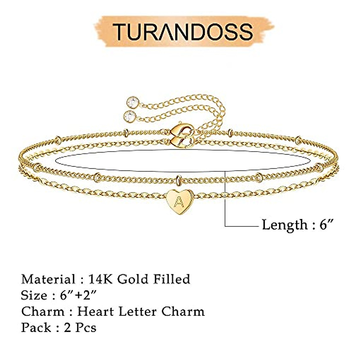 Turandoss Heart Initial Bracelets for Women, 14K Gold Filled Layered Bracelet Minimalist Initial Heart Bracelets for Women Bracelet With Initials A