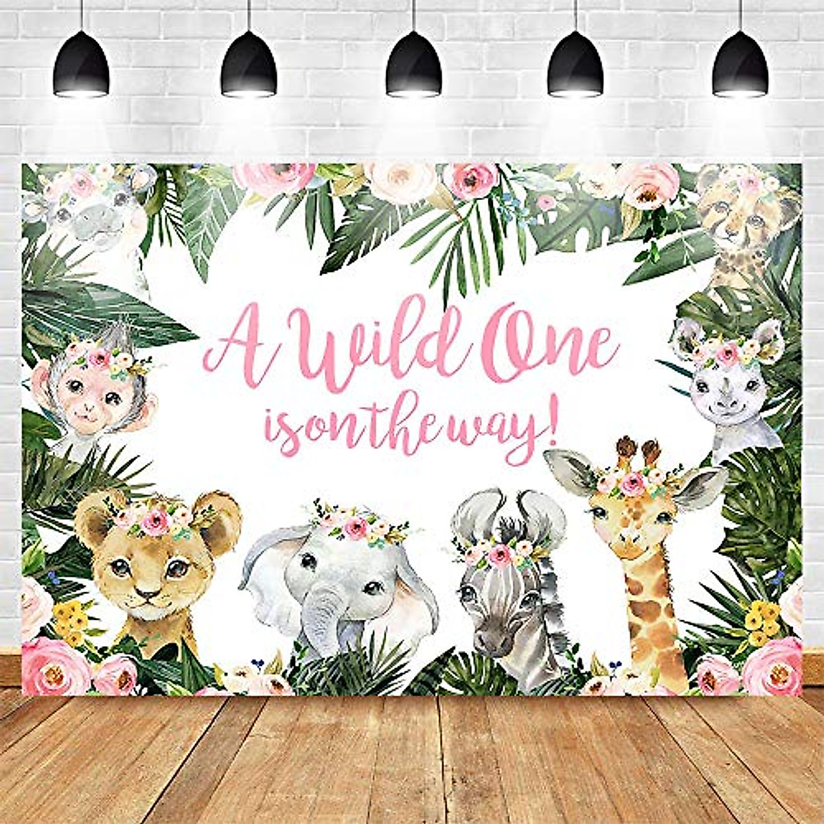 Mocsicka Safari Baby Shower Backdrop Jungle Background for Girl Tropical Zoo Animals Baby Shower Party Cake Table Decoration Photo Booth Props (7x5ft)