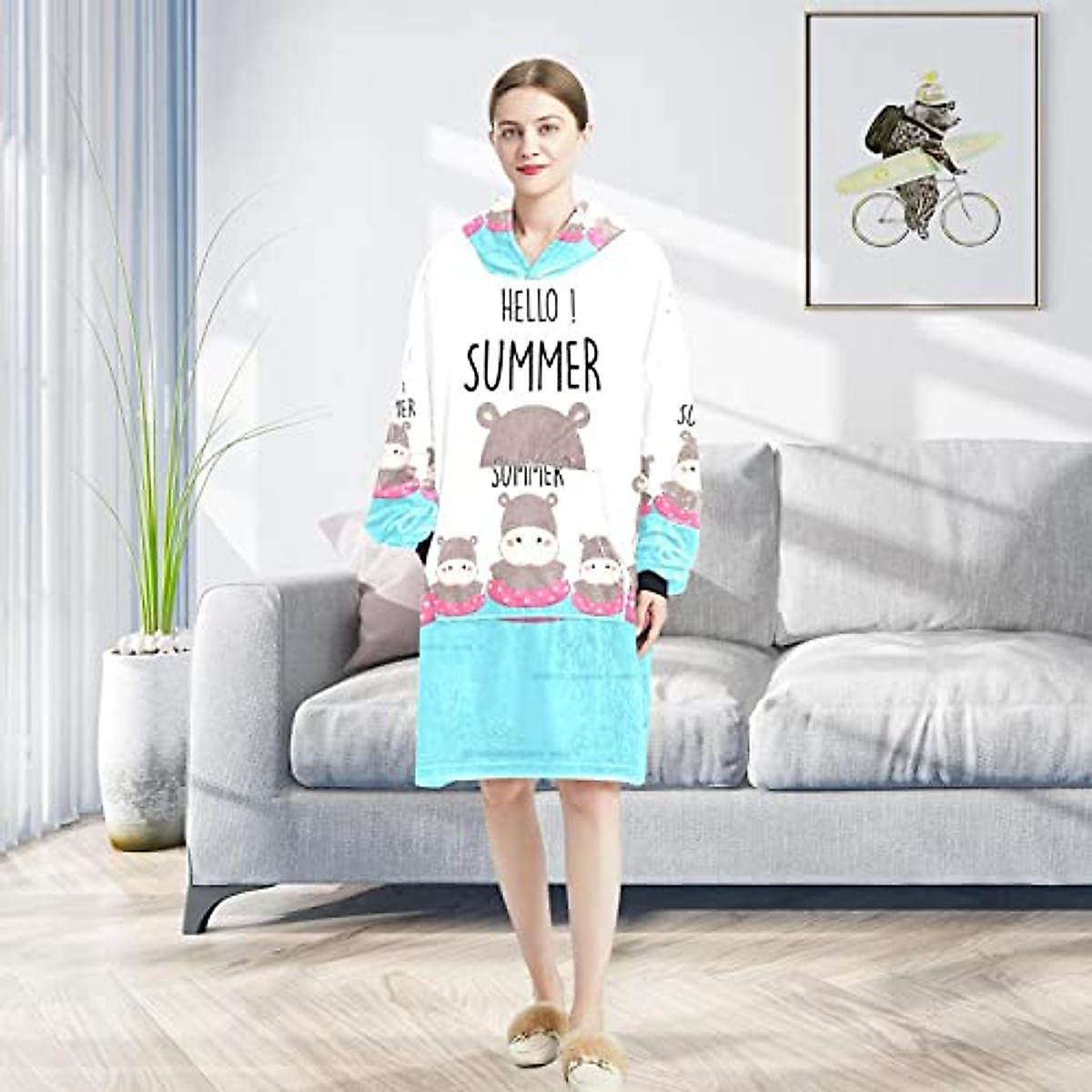 Wearable Blanket Hoodie,Oversized Hooded for Women,Comfy Sweatshirt Hello Summer Cute Hippo-01