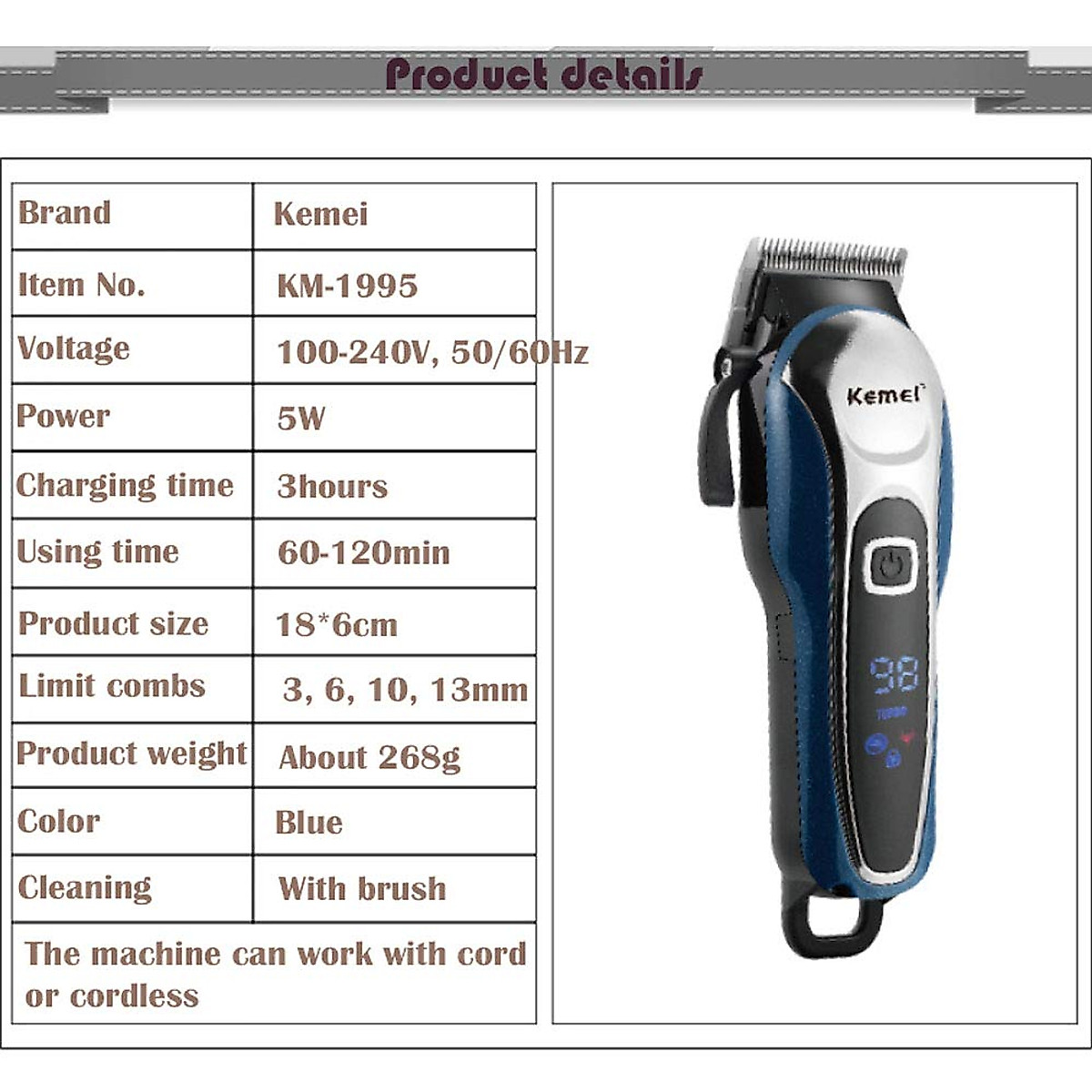 KEMEI 5-Star Rechargeable Razor Professional Hair Trimming Multigroom Beard Trimmer Kit for Face, Head, Body Hair Styling and Grooming LED Display with Stainless Steel Metal Housing Cordless/Cord…