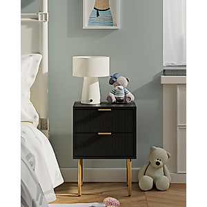 AEPOALUA Nightstand,Small Bedside Table with Gold Frame,White Night Stand,Bedside Furniture,Side Table with Drawer and Shelf for Bedroom,Living Room (Mid-Century-Stripe, Black.)