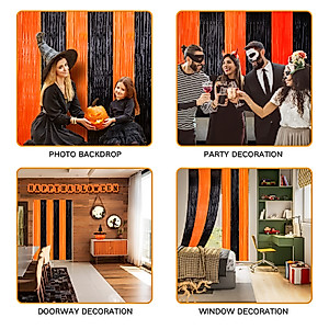 2 Pack Black and Orange Tinsel Foil Fringe Curtains, Halloween Party Photo Backdrop Streamers Backdrop for Birthday Anniversary Party Halloween Party Decoration