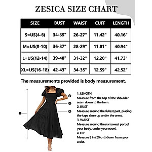 ZESICA Women's 2024 Summer Square Neck Short Puff Sleeve Solid Color High Waist Casual Smocked Flowy A Line Tiered Midi Dress