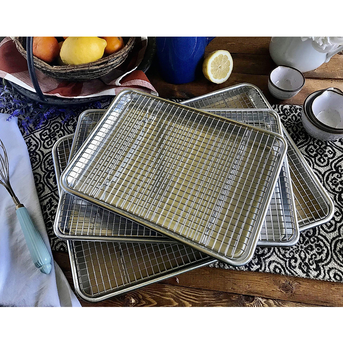 3 Pack Stainless Steel Wire Cooling, Baking, Roasting Rack with Aluminum Cookie Pan Tray Set- Heavy Duty, Commercial Quality - (1 Half Sheet, 1 Jelly Roll & 1 Quarter Sheet Pan Rack Sets)