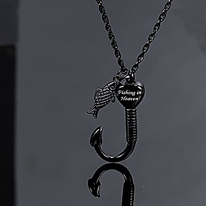 Gredstar Gone Fishing Urn Necklace for ashes Fish hook Cremation Urn Pendant Fishing in heaven Keepsake Jewelry (BLACK)