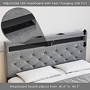 Homhougo Full Bed Frame with LED Lights Headboard, LED Bed Frame with Fast-Charging USB Port, Upholstered Platform Bed Frame, No Box Spring Needed, Easy Assembly, Grey