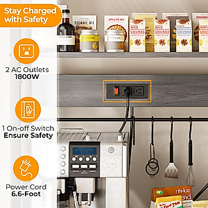 SUPERJARE Large Bakers Rack with Power Outlets, 6-Tier Microwave Stand, Coffee Bar with 12 S-Shaped Hooks, Kitchen Shelf with Wire Basket, 39.3 x 15.5 x 66.9 Inches, Charcoal Gray