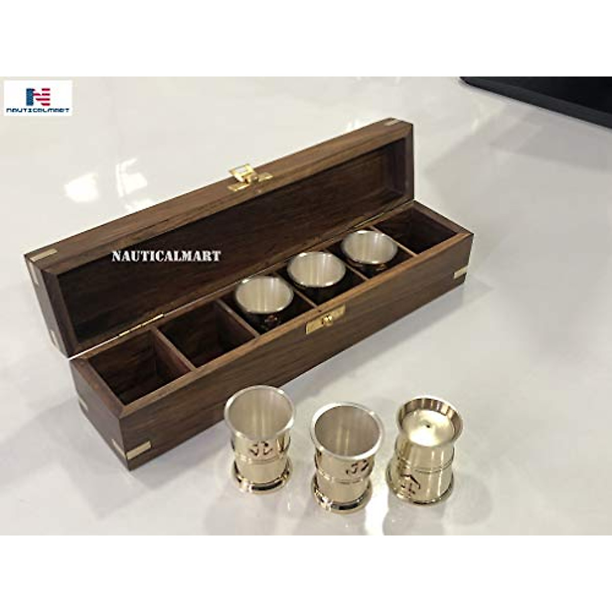 Nautical-Mart Brass Tequila Shot Glass with Anchor Monogram in Handmade Wooden Box – Six Glass Set
