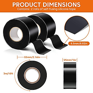 2 Rolls Self Fusing Silicone Tape - 1in(W) X 10ft(L) Waterproof Tape, Water Leak Seal Tape, Rescue Tape, Plumbing Hose Repair Tape, Rubber Tape for Cable Winding Insulating, Black