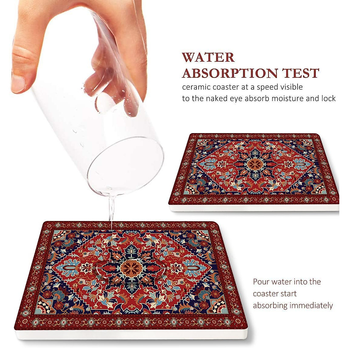 Bribay Coasters for Drinks Set of 6, Tribal Turkish Geometric Pattern Absorbent Square Ceramic Stone Mat, with Cork Base and Metal Holder, Gift for Housewarming Room Bar Decor