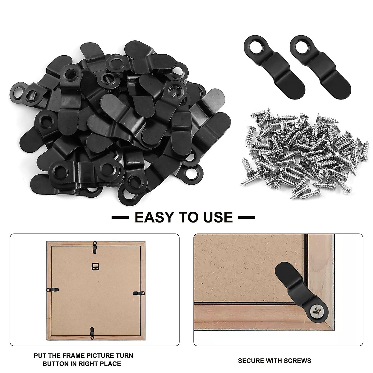 Cionyce 50PCS Frame Turn Button, Metal Bow Shape Picture Frame Hardware Backing Clips with Screws for Hanging Pictures, Photos, Posters, Drawing Crafts(Black)