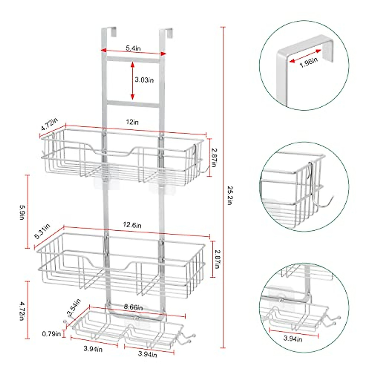 melos Over The Door Shower Caddy, 3 Tier Shower Hanging Organizer Shelf Rustproof, Shampoo Holder With Soap Holder, Shower Basket With Hooks, For Dorm, Bath, No Drilling, Silver
