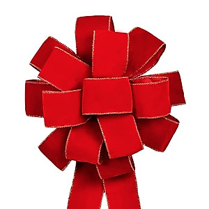 3pcs Red Velvet Ribbon Christmas Bows with Gold Wire, Handmade(26”x 12”) Large Ribbon Bows, Thanksgiving / Christmas Tree Topper, Garland/ Wreath Bow, Tree Topper, Wired Red Christmas Bows