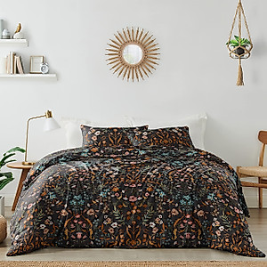 Boho Bohemian Farmhouse Black and Orange Wildflower Garden Floral Duvet Comforter Cover and Sham 3 pc. Full Queen Size Bed Bedding Set Bedroom Aesthetic Botanical Cottagecore Flower Print Vintage