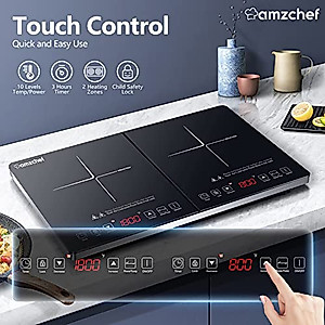 Double Induction Cooktop AMZCHEF Induction Cooker 2 Burners, Low Noise Electric Cooktops With 1800W Sensor Touch, 10 Temperature & Power Levels,Independent Control,3-hour Timer, Safety Lock