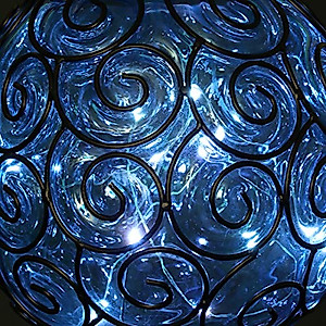 Exhart Outdoor Garden Solar Lights, Round Glass and Metal Hanging Lantern, 15 Firefly LED Lights, 7 x 20 Inch, Blue