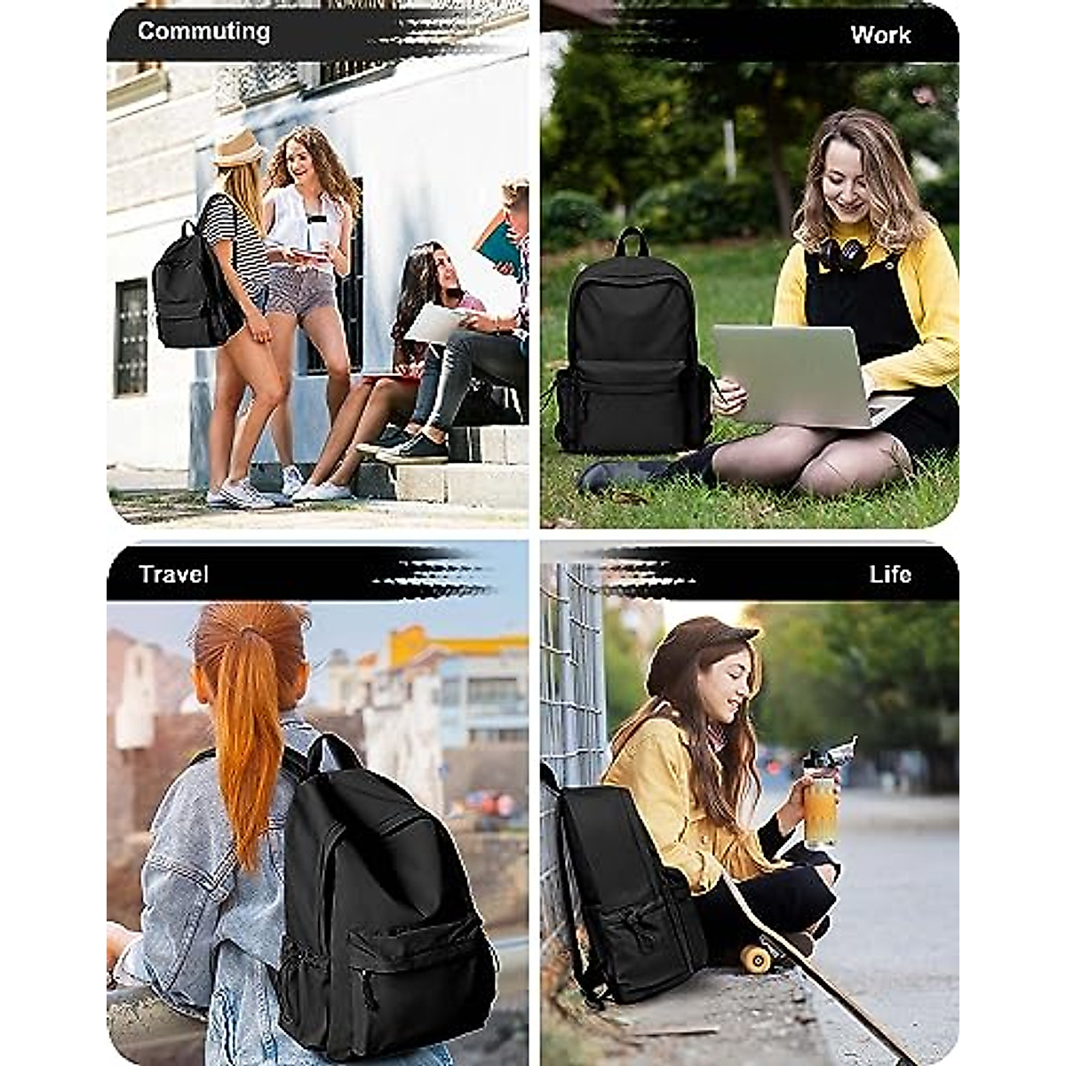 Black Backpack for Women Men, Waterproof High School Bookbag,Lightweight Casual Travel Daypack,Classic Basic College Backpack,Middle School Bag for Teen Girls Boys