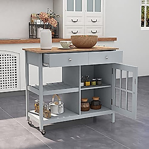 ChooChoo Rolling Kitchen Island, Portable Kitchen Cart Wood Top Kitchen Trolley with Drawers and Glass Door Cabinet, Wine Shelf, Towel Rack, Gray
