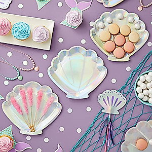 Sparkle and Bash 48 Pack Holographic Seashell Paper Plates for Girls Mermaid Birthday Party Supplies - 9 Inch Silver Foil Sea Shell Plates