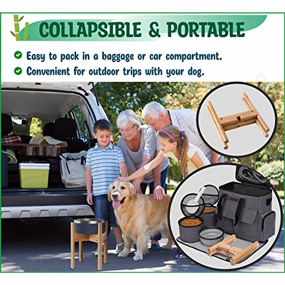 Dog Bowl Stand for Large Dogs - Height 14-inch, Adjustable, Lockable Width 8-11inches Wide - Food and Water Feeder Holder - Bamboo