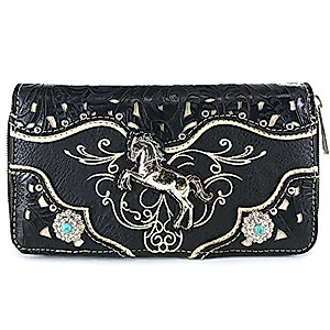 Justin West Western Embroidery Horse Turquoise Concho Rhinestone Studded Shoulder Tote Handbag Purse Wallet (Black Purse Set)