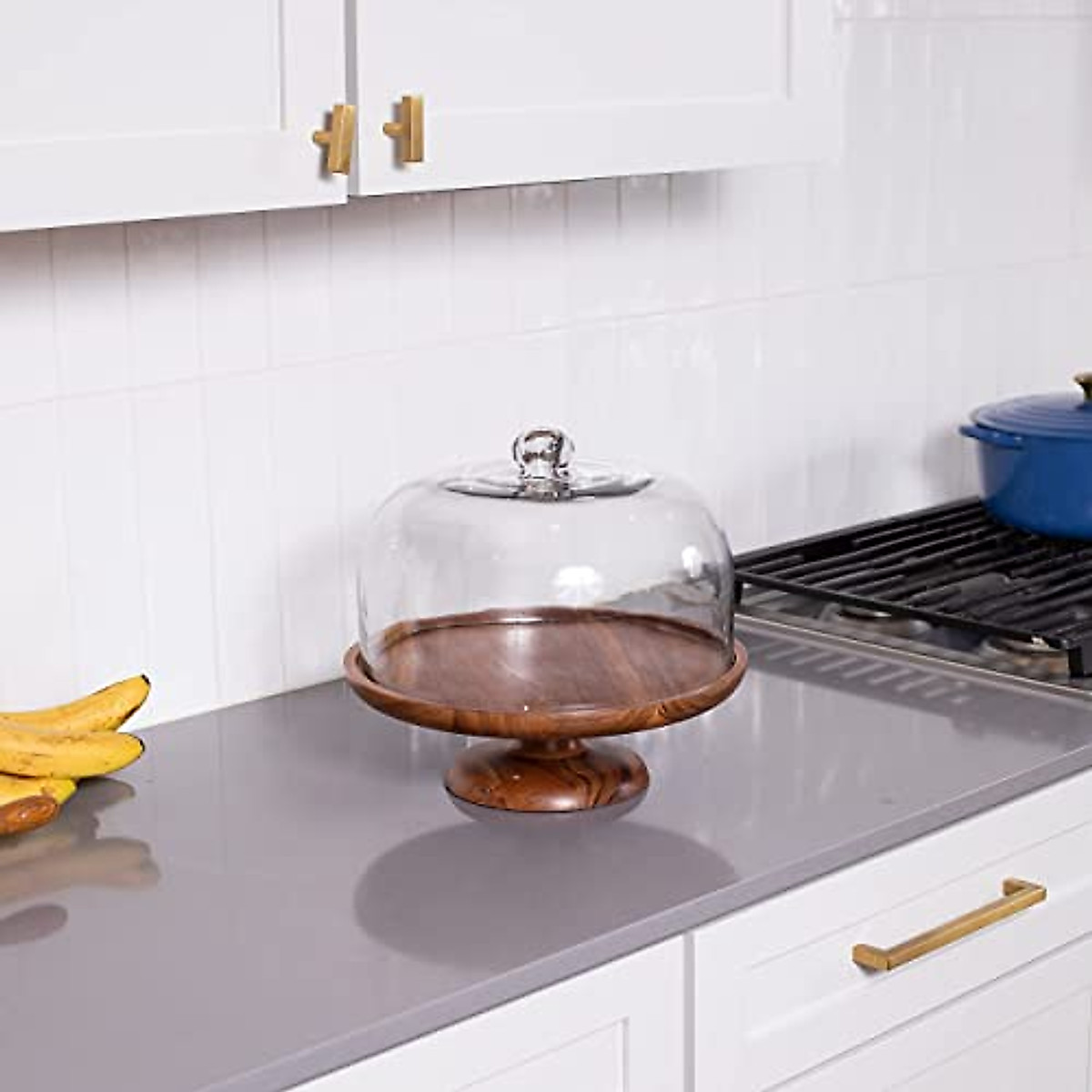 BIRDROCK HOME Cake Stand with Glass Dome and Wood Base - Wood Iron Dessert Serving Tray - Rustic Farmhouse Dessert Stand - Modern Party Oversized Server - Table Kitchen Home Display - Round