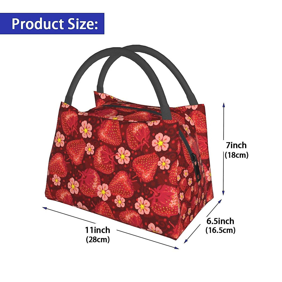 ASYG Strawberry Lunch Box Picnic Bags Cute Tote Insulated Portable Cute Container Meal Bag Lunch Box for Women
